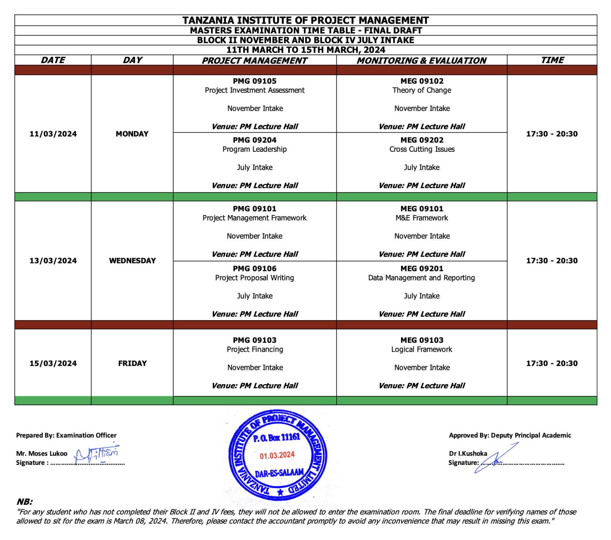 Masters Examination Time Table July Block IV & November Block II Intake ...